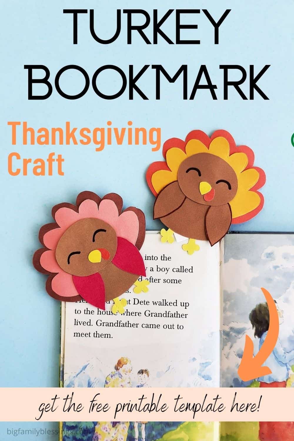 Turkey Bookmark for Thanksgiving - Big Family Blessings
